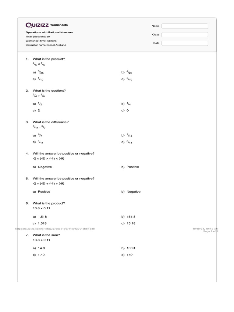 Operations With Rational Numbers | Quizizz | PDF | Mathematics