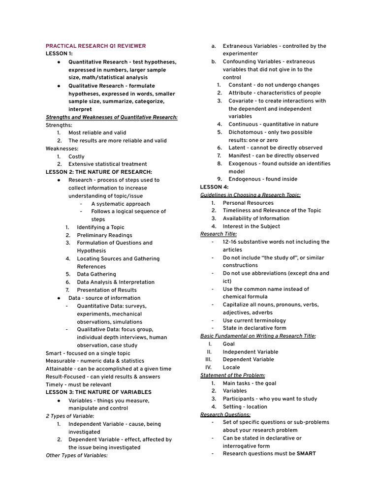 Practical Research Q1 Reviewer | PDF | Quantitative Research | Statistics