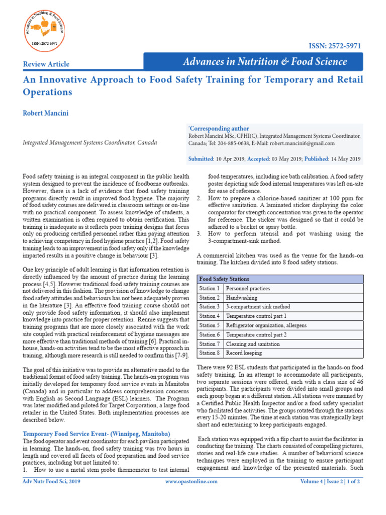 An Innovative Approach To Food Safety Training For Temporary and Retail ...