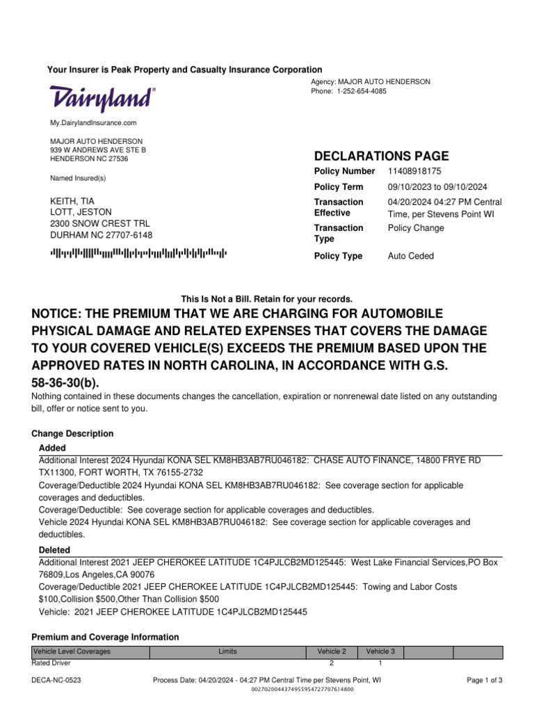 E11408918175 Declaration Page | PDF | Insurance | Traffic Collision