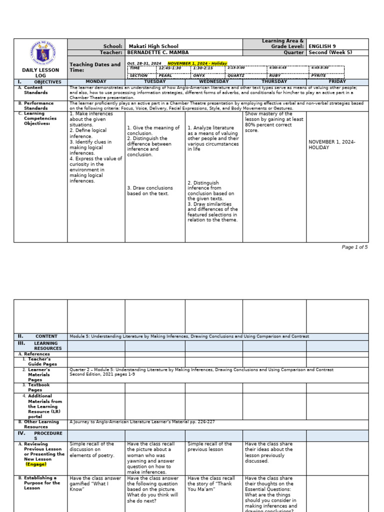 DLL Wk5 OCTOBER-28-31-2024 | PDF | Inference | Learning