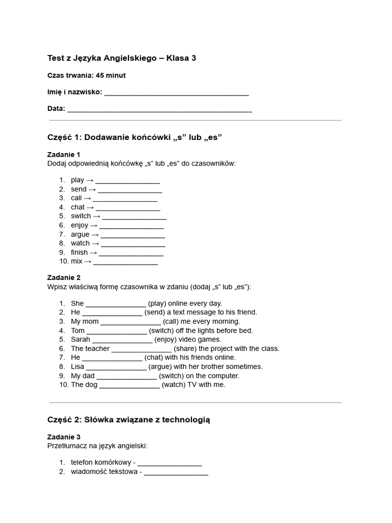 Test Z Języka Angielskiego - Klasa 3 | PDF