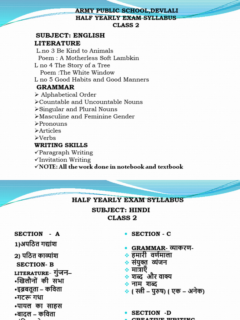Class 2 Half Yearly Syllabus AY 24-25 | PDF | Language Mechanics | Syntax