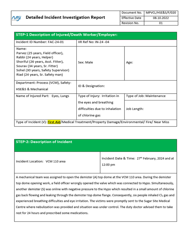 Detailed Incident Investigation Report On Chlorine Leakage at VCM 110 ...