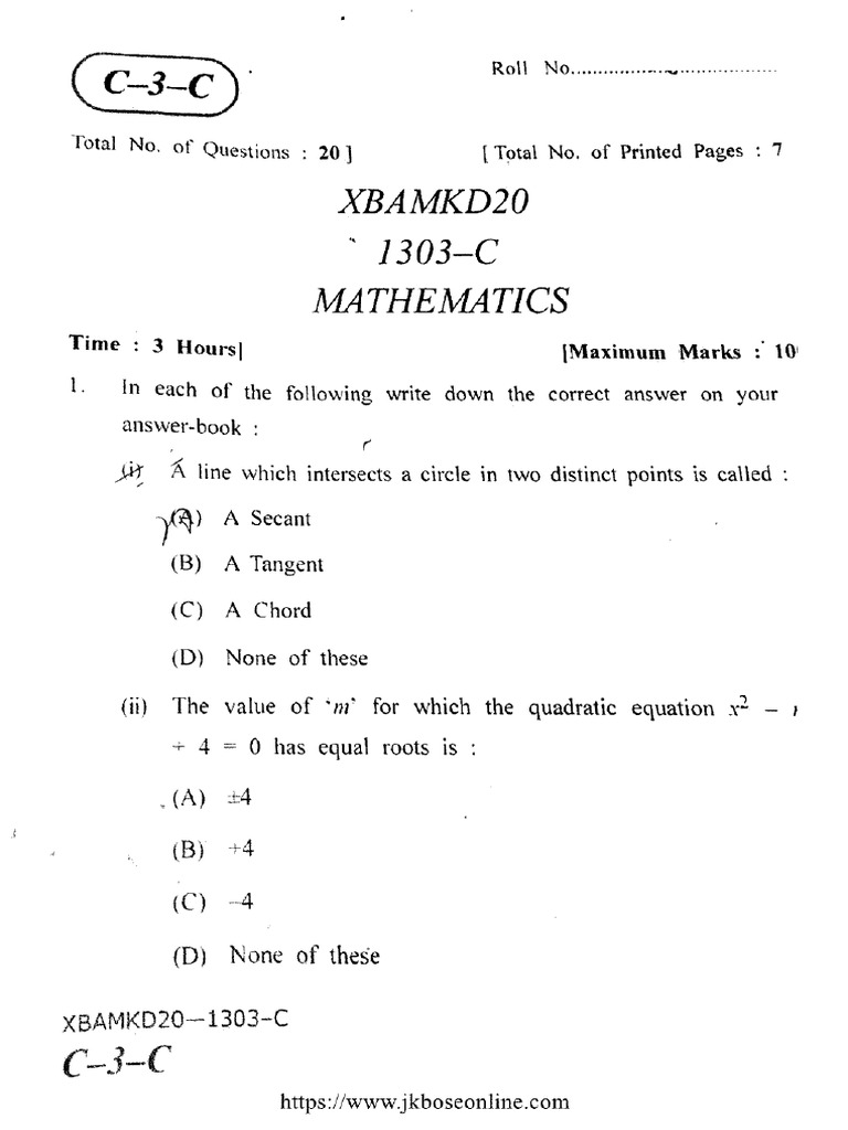 JK Bose Class 10 Mathematics 1303 C 2020 | PDF