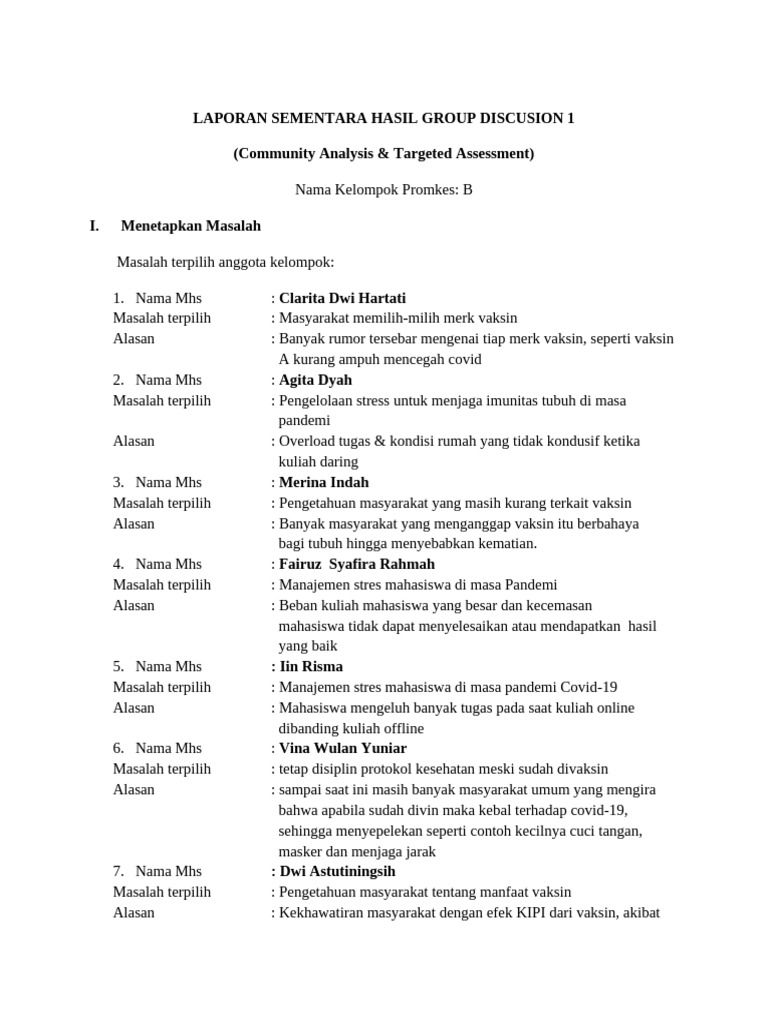 Laporan Sementara Hasil Group Discusion 1 Kuisioner | PDF
