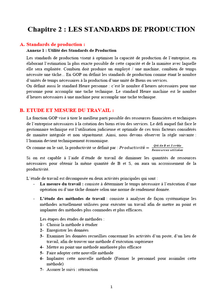 Standards de Production et Productivité | PDF | Production et ...