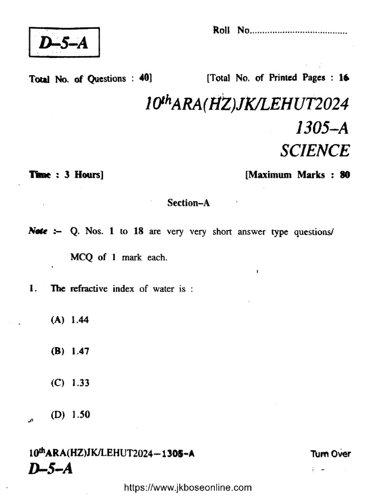 JK Bose Class 10 Science 1305 A 2024 | PDF