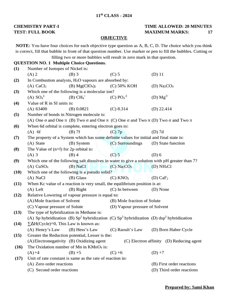 11th Grade Chemistry Exam | PDF | Chemical Reactions | Chemical Bond