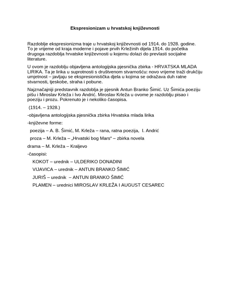 Ekspresionizam U Hrvatskoj Književnosti | PDF