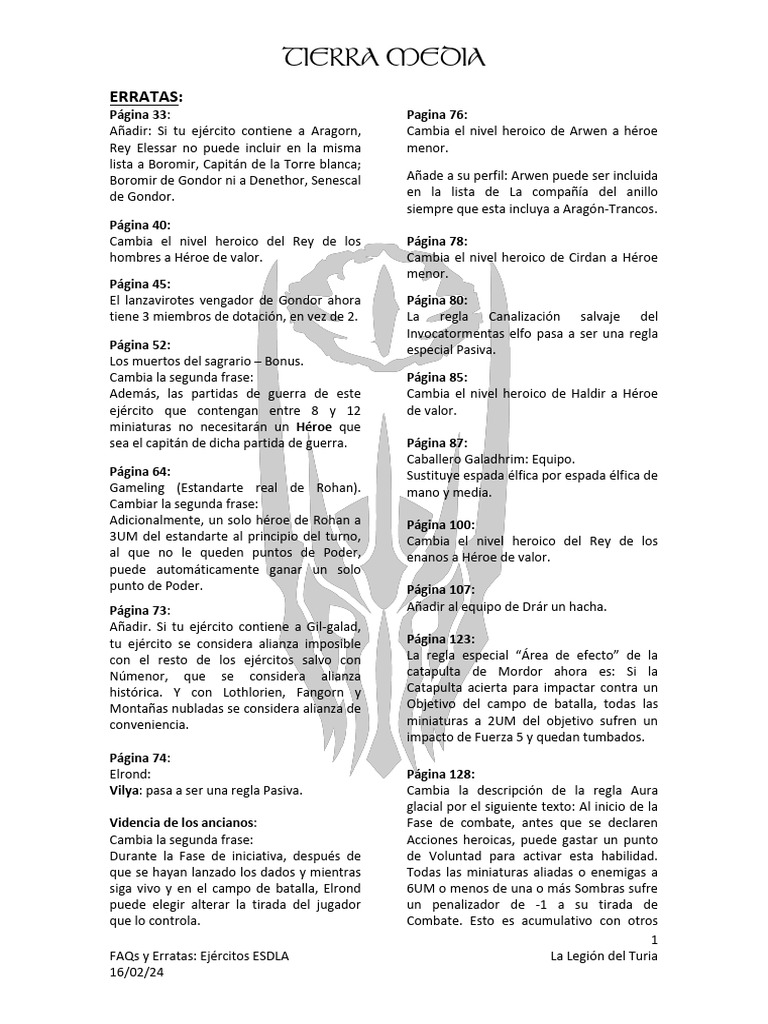 Erratas y FAQs: Ejércitos ESDLA | PDF | El Señor de los Anillos | Libros de la Tierra Media