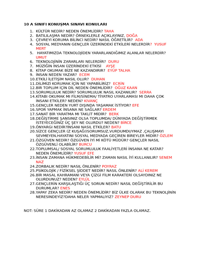 10 A Sinifi Konuşma Sinavi Konulari | PDF