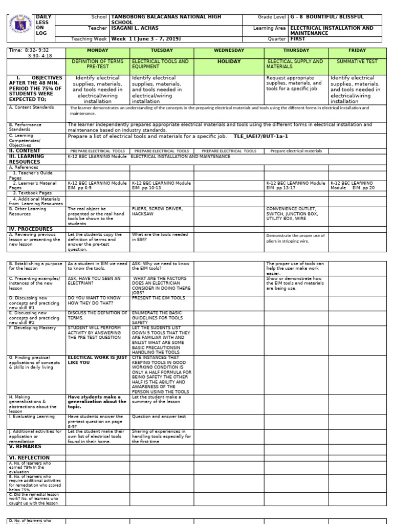 Daily Lesson Log TLE EIM 8 WEEK 1 | PDF | Learning | Teachers