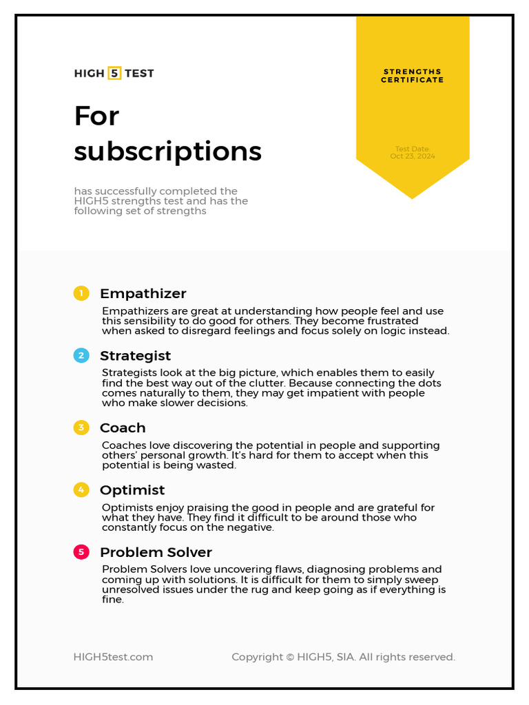 HIGH5 Strengths Test Results For For Subscriptions | PDF