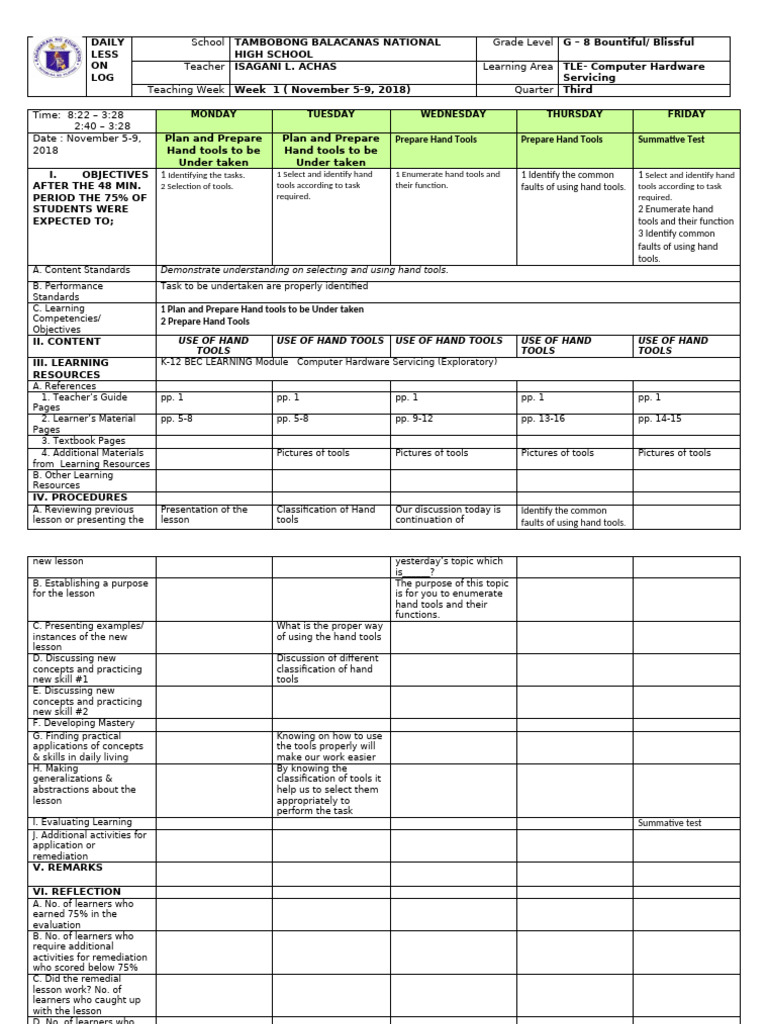 Hand Tools Lesson Plan for Grade 8 TLE | PDF | Learning | Teachers