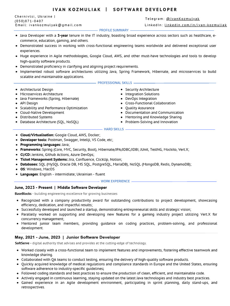 Ivan Kozmuliak CV | PDF | Java (Programming Language) | Databases