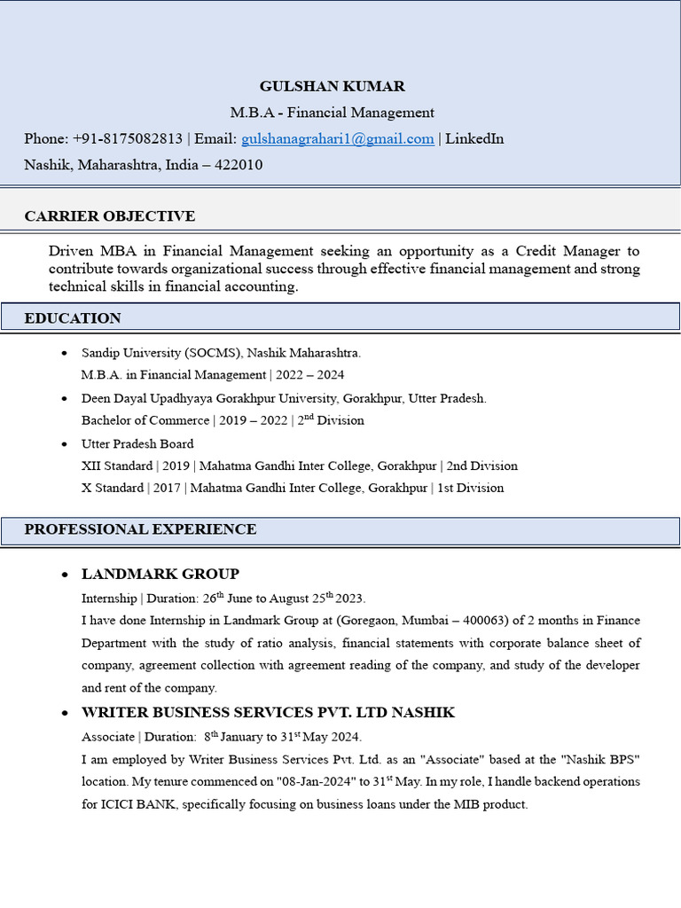 Gulshan Resume | PDF | Master Of Business Administration | Business