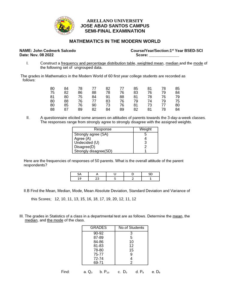 AuExamSemiFin-MMW | PDF | Statistics | Median