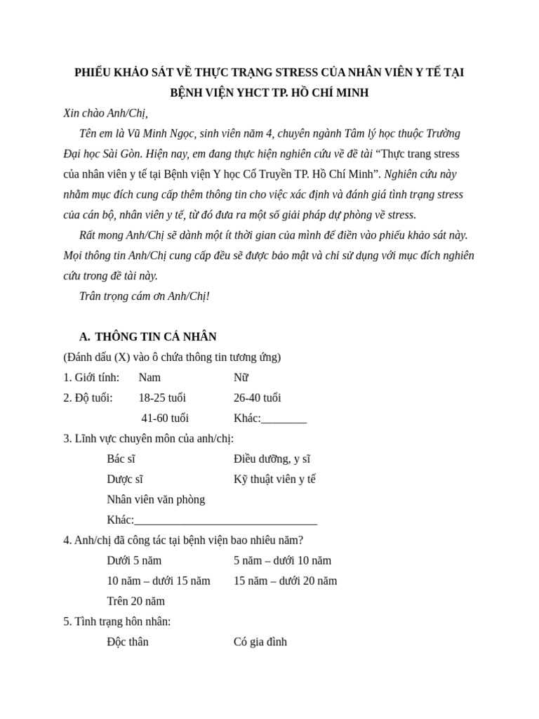 B NG Kháo Sát TH C TR NG Stress C A Nvyt | PDF