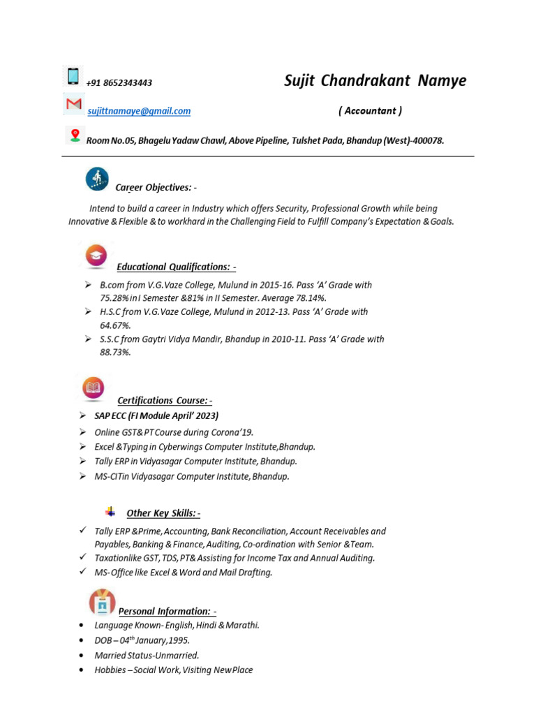 Accountant Resume of Sujit Namye | PDF | Payments | Bookkeeping