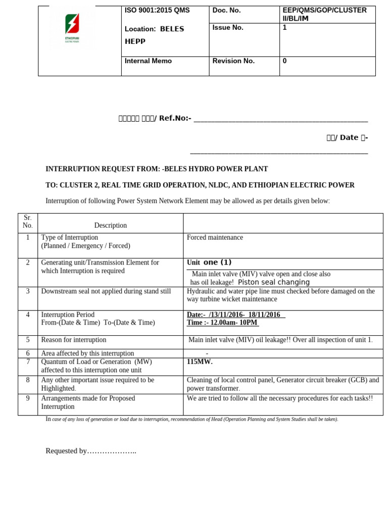 Beles Hydro Power Plant Interruption Request | PDF | Electric Power ...