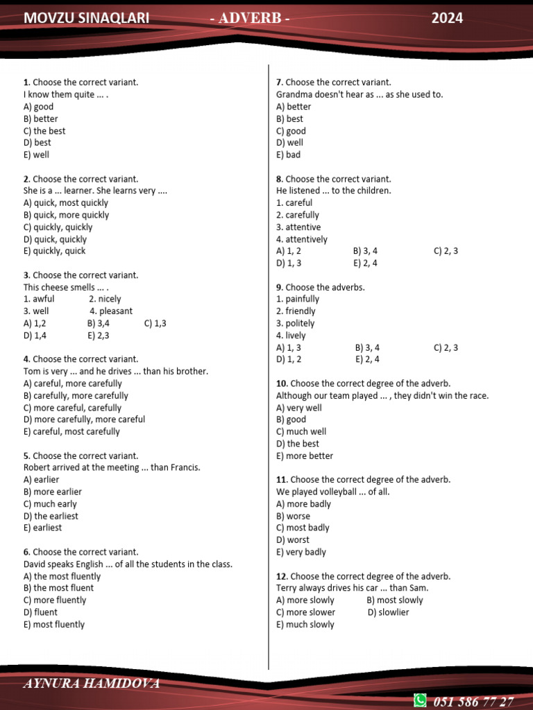 Movzu Sinaqlari 2024 - Adverb | PDF
