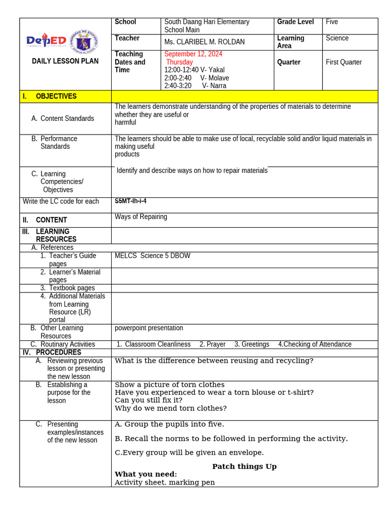 DLP-SCIENCE 5 Q1 W5 DAY 1 WAYS OF REPARING | PDF | Learning | Behavior Modification