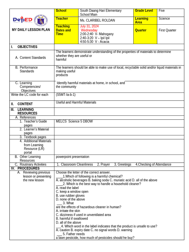 DLP-SCIENCE 5 Q1 W1 JULY 31 (1) | PDF | Corrosion | Poison