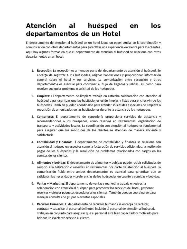 Atención Al Huésped en Los Departamentos de Un Hotel | PDF | Hotel ...
