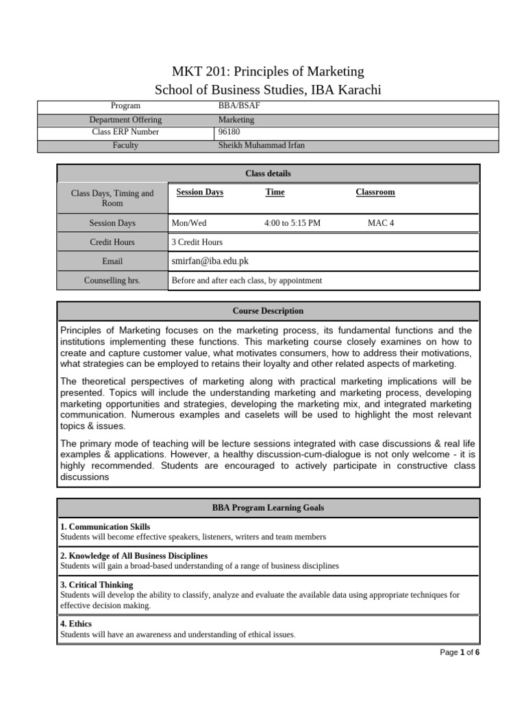 MKT 201 POM Course Outline-Spring 24-URG | PDF | Marketing | Learning