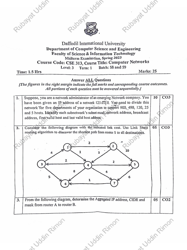 Midterm CN CSE313 Computer Networks Questions | PDF