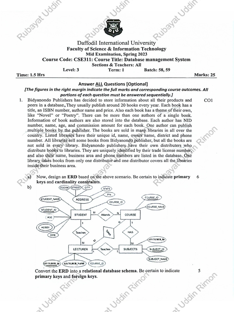 Midterm DBMS CSE311 Database Management System Questions | PDF