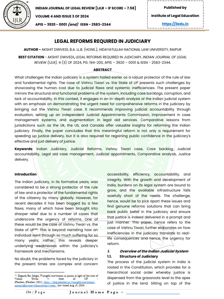 Legal Reforms for Indian Judiciary | PDF | Public Law | Justice