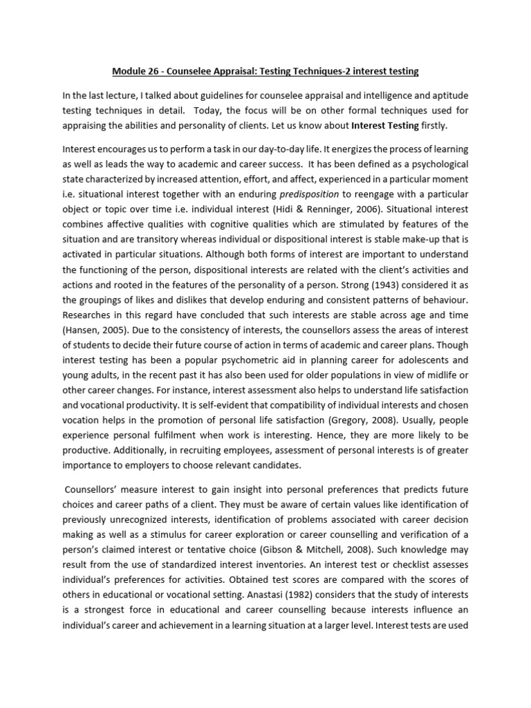 Module 26 - Counselee Appraisal - Testing Techniques-2 Interest Testing ...