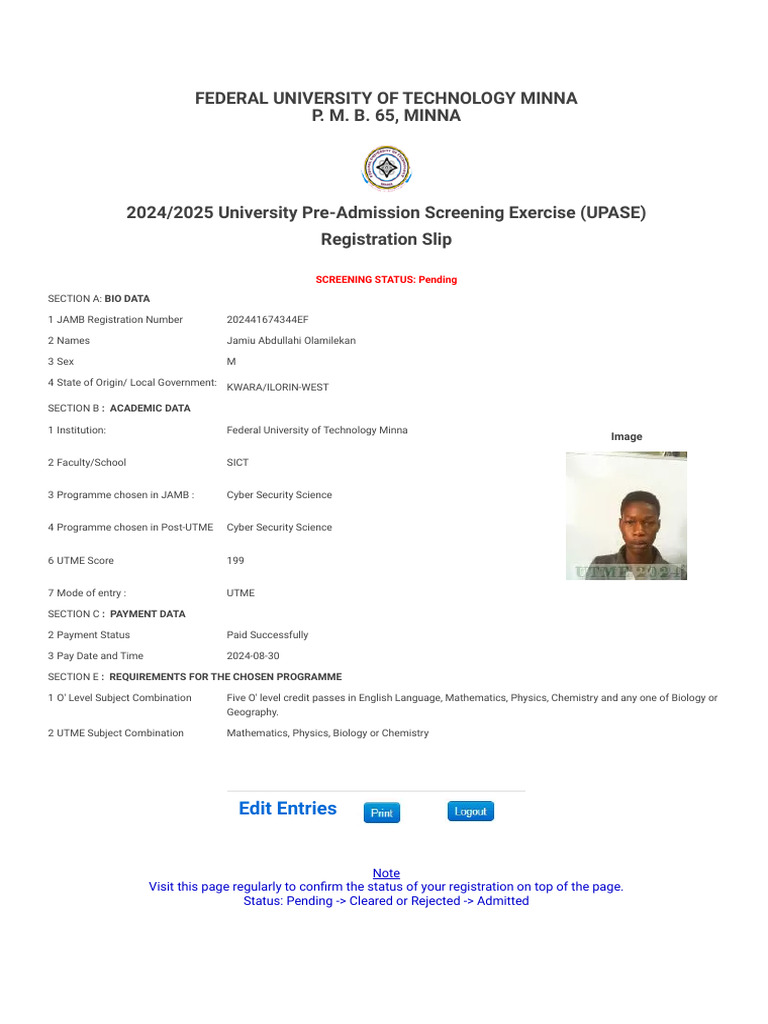 FUT Minna 2024/2025 UPASE Registration | PDF