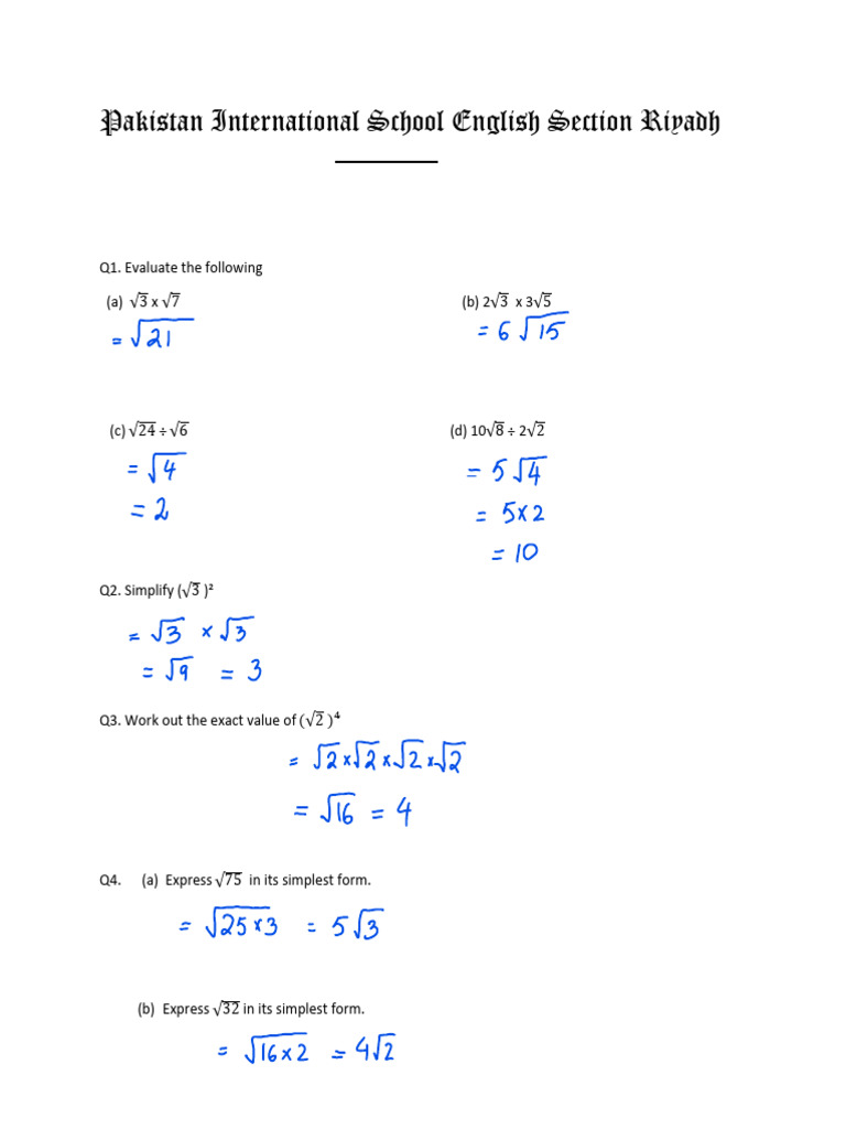 Grade 8 Mathematics Worksheet: Surds | PDF | Teaching Methods & Materials | Science & Mathematics