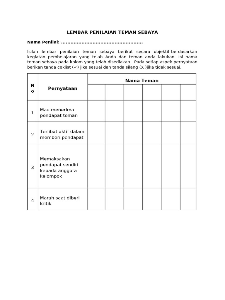 Lembar Penilaian Teman Sebaya | PDF | Olahraga & Rekreasi