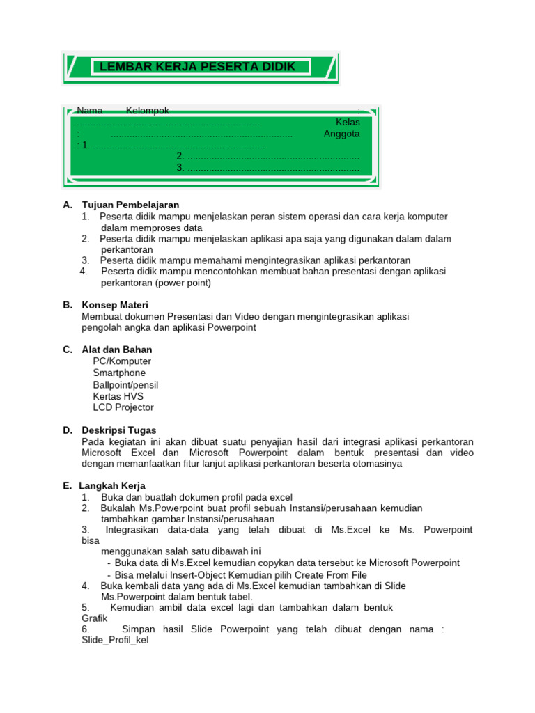 2-LKPD Informatika Integrasi Aplikasi Perkantoran | PDF | Seni | Komputer