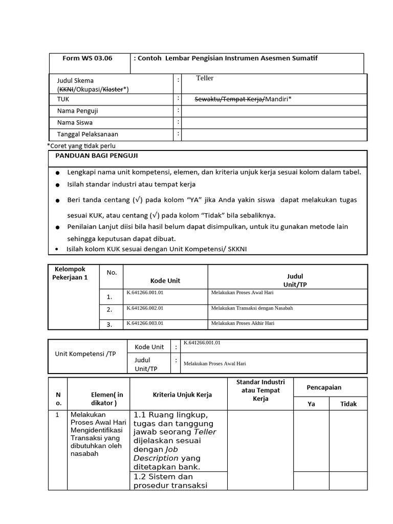 Form LK WS.03.06. Contoh Format Lembar Pengisian Instrumen Asesmen Sumatif Vero | PDF