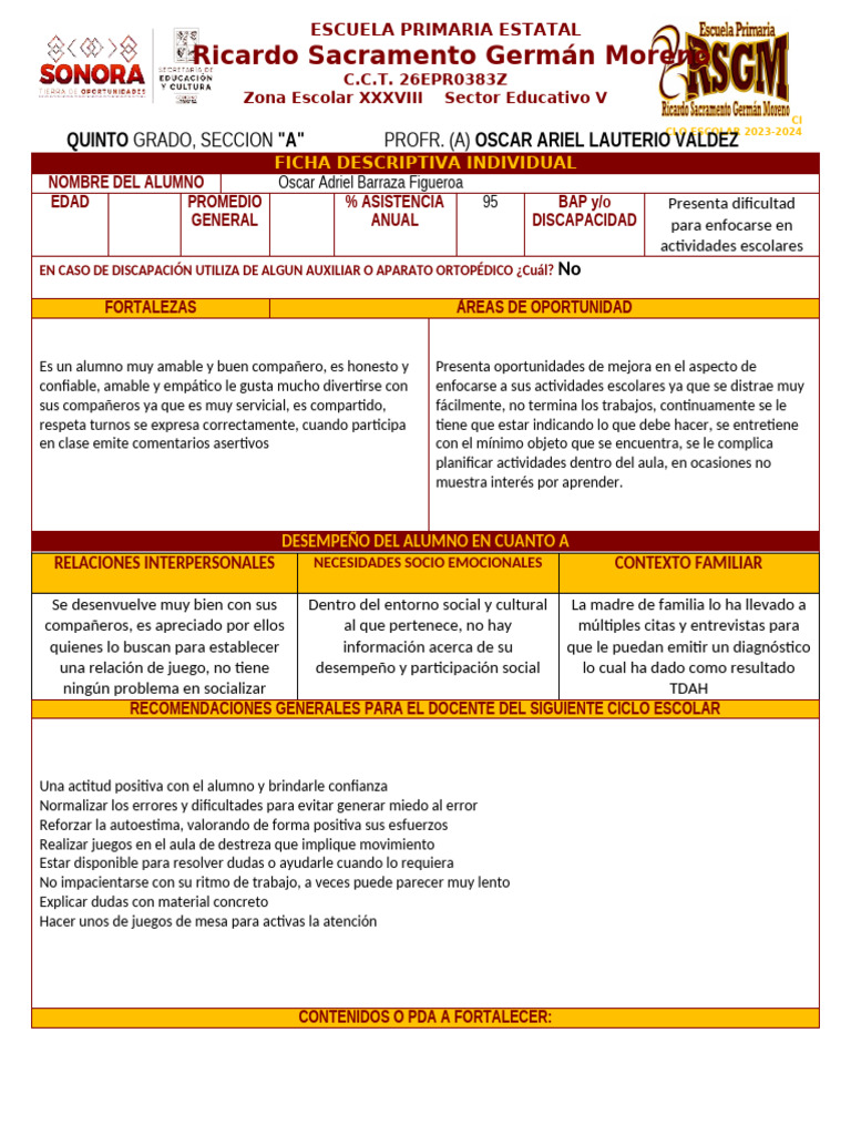 Fichas Descriptivas Individuales 26epr0383z - Oscar Adriel Barraza | PDF | Educación primaria ...