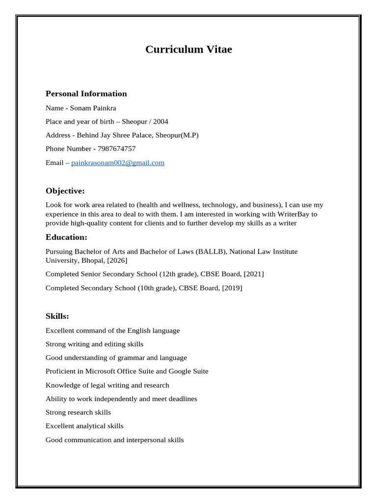 CV for WriterBay Application | PDF