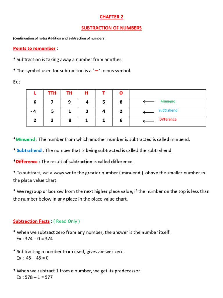 Chapter 2 Notes Continuation Grade 4 | PDF | Subtraction | Arithmetic