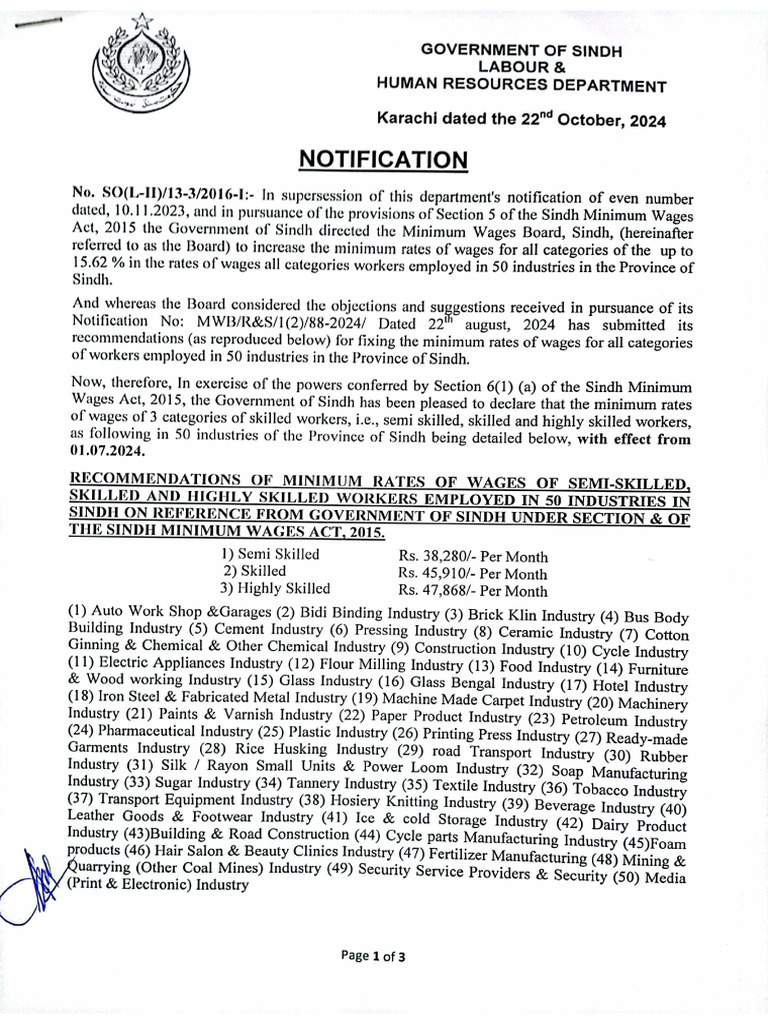 Sindh Minimum Wage Notification Skilled (2024-25) | PDF