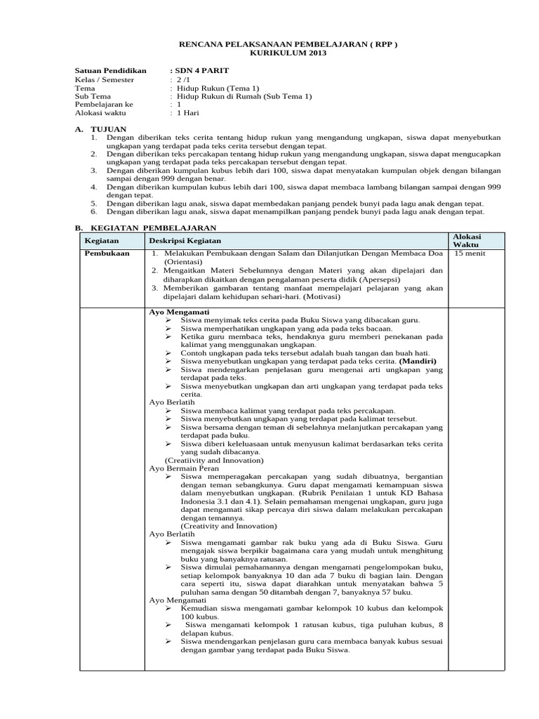 RPP KELAS 2 TEMA 1 tugas 1 | PDF