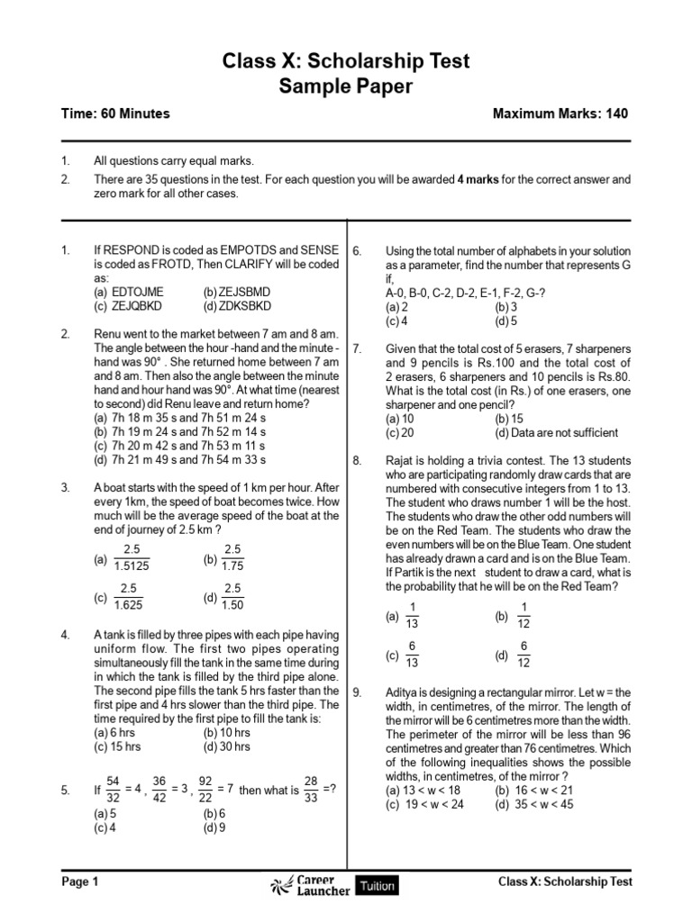 Class X Scholarship Test Sample Paper | PDF | Statistical Theory