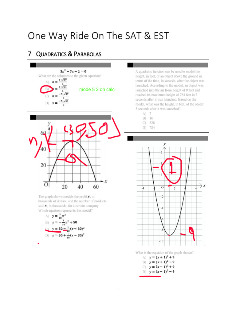 One Way Ride On The SAT & EST (Quadratics & Parabolas) | PDF | Function ...