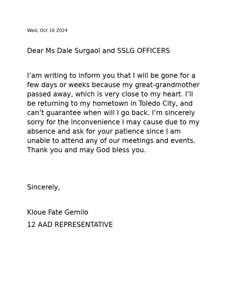 SSLG Excuse Letter | PDF