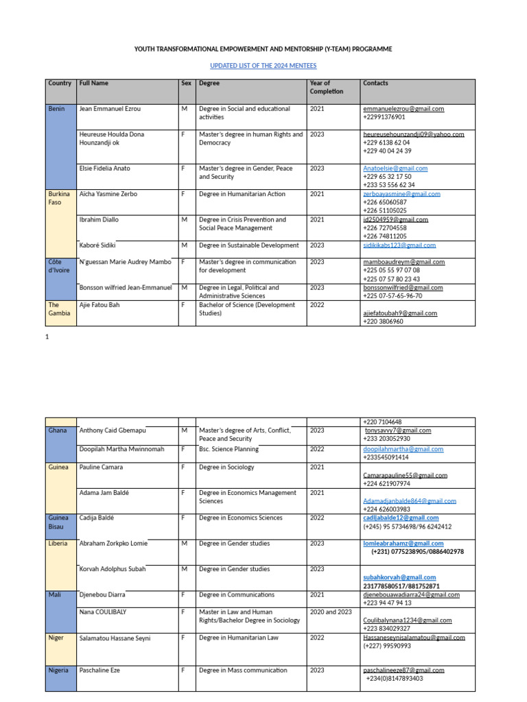 Updated List of The 2024 YTeam Mentees | PDF