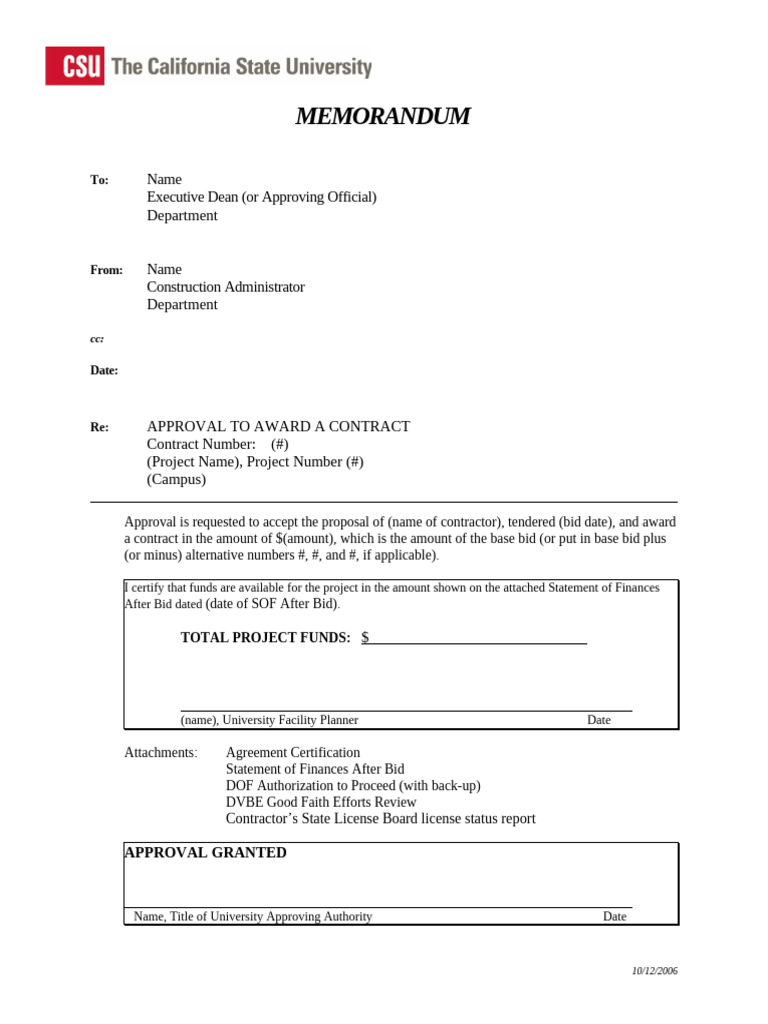 Aw Approval To Award Contract Memo | PDF | Law