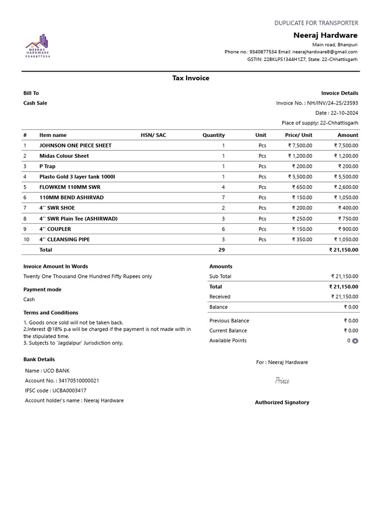 Tax Invoice - NH INV 24-25 23593 - 22 - 10 - 24 - Duplicate | PDF | Payments | Money